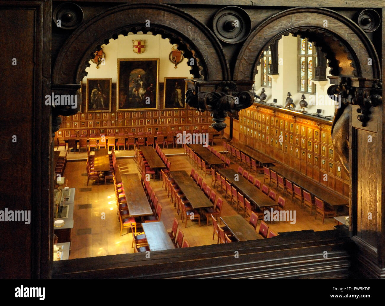 tracery woodwork screen in balcony of Middle Temple Hall. Coloured ...