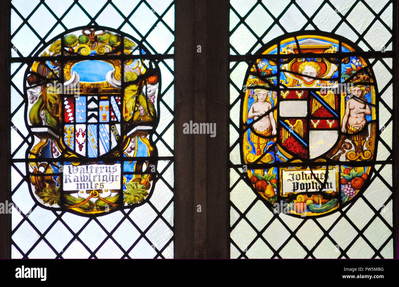 stained glass windows to Walter Raleigh and John Popham, in the Middle ...