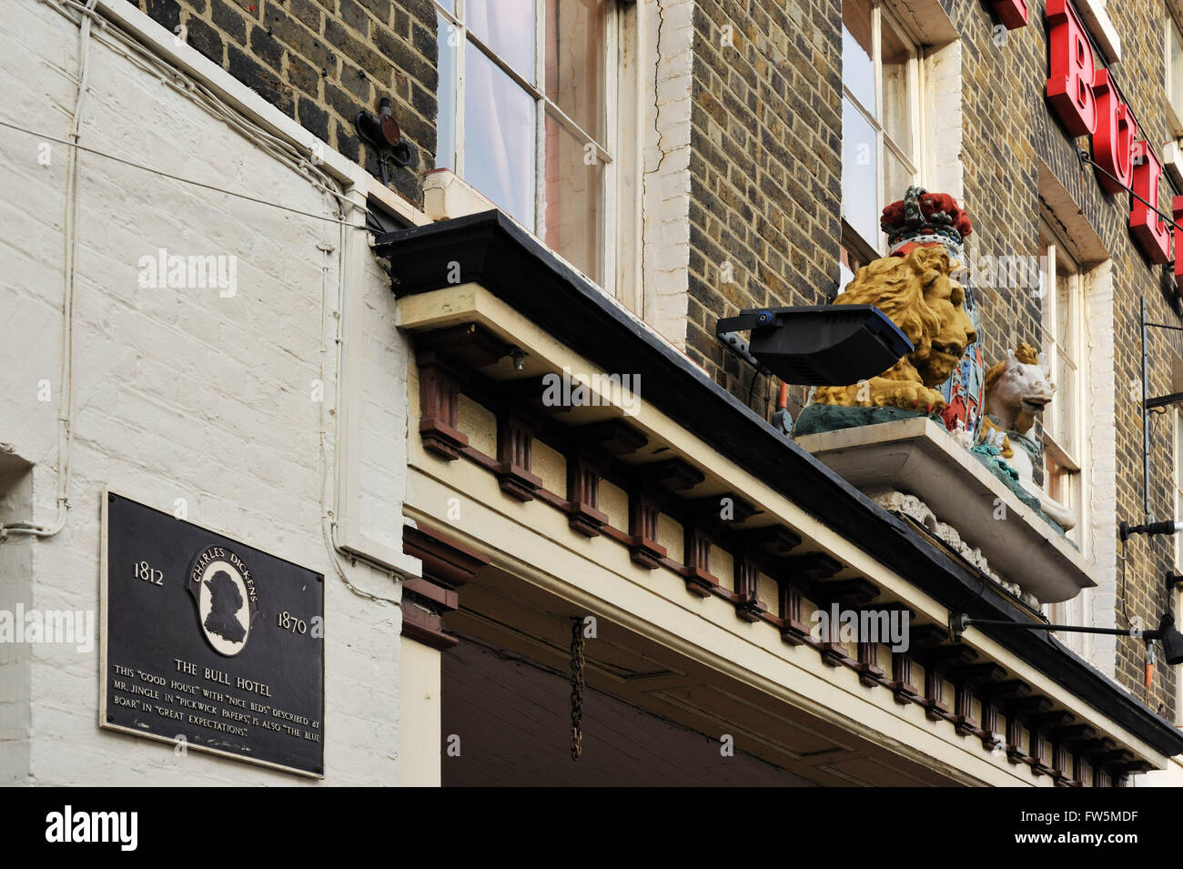 plaque to Charles Dickens and the low carriage entrance into The Bull ...