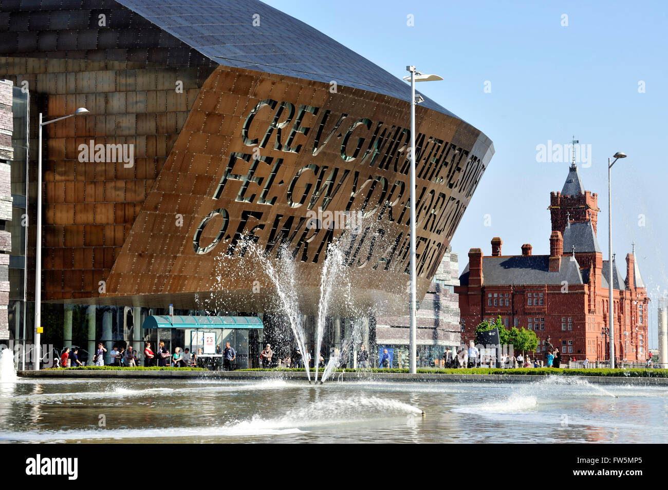 Cardiff Millennium Centre, exterior, with fountains. The opera ...