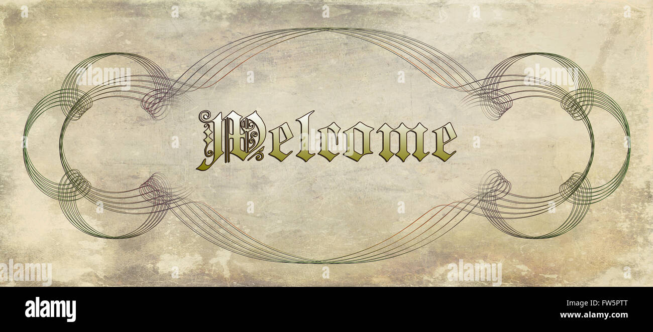 vintage welcome placard with antique font and spiraliform decoration on ...