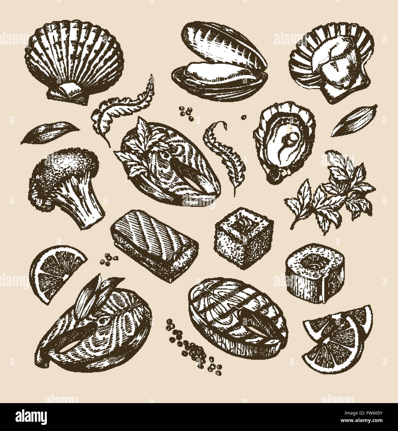 Hand drawn sketch set seafood. Vector illustration Stock Vector Image ...