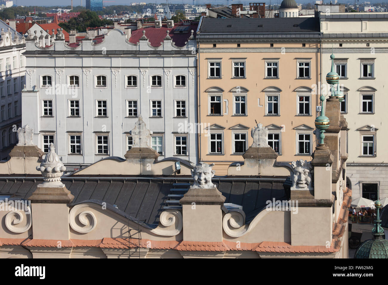 Old Town of Krakow in Poland, finials on rooftop of the Cloth Hall ...