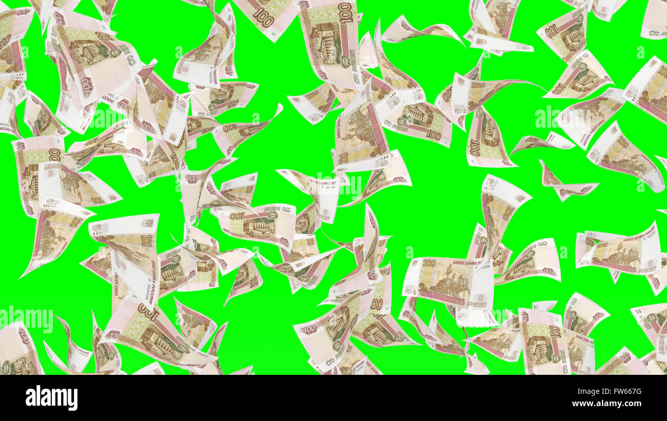 Falling banknotes of russian rubel isolated on chroma key background ...