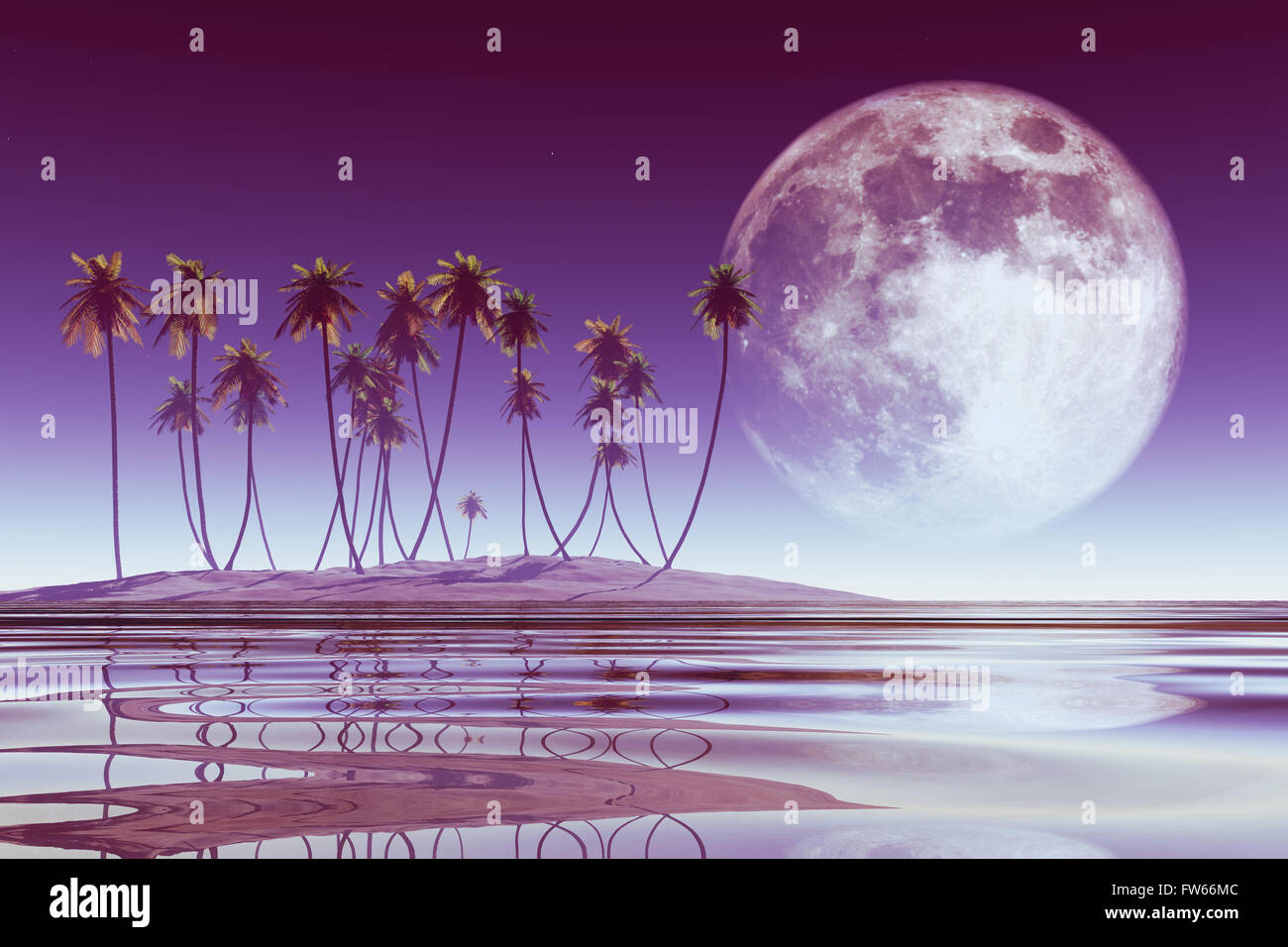 pink moon over tropical coconut island. Elements of this image ...