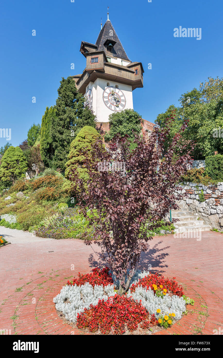 old clock tower Uhrturm. Schlossberg fortress garden in Graz, Austria ...