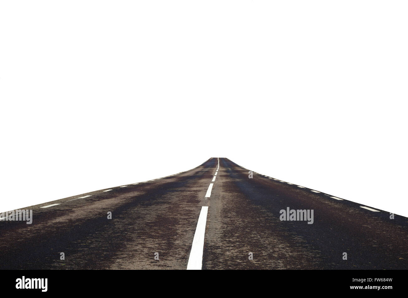 Low angle image of a country asphalt road isolated on white background ...