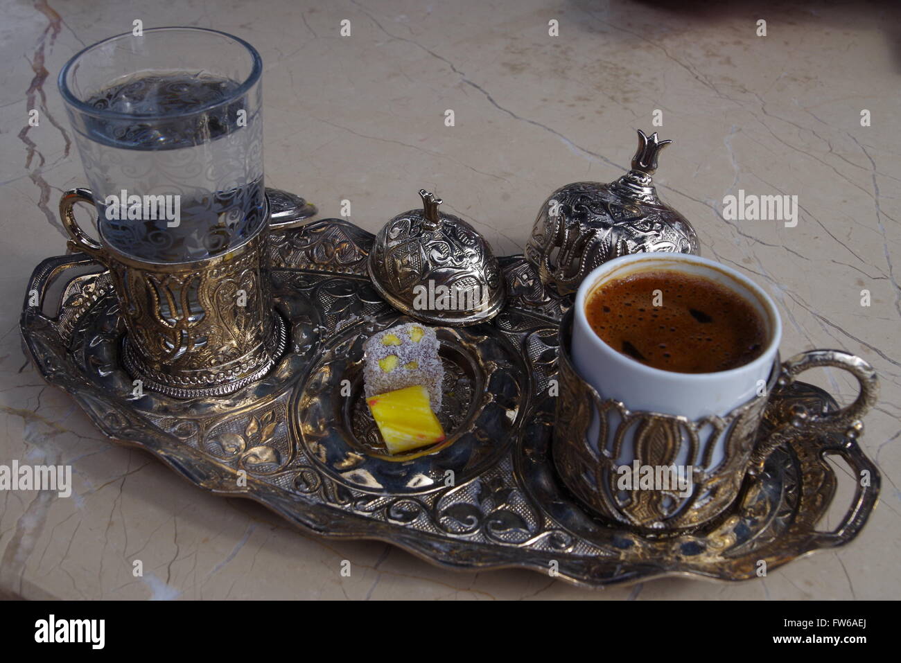 Turkish coffee and delight served on a silver tray Stock Photo - Alamy