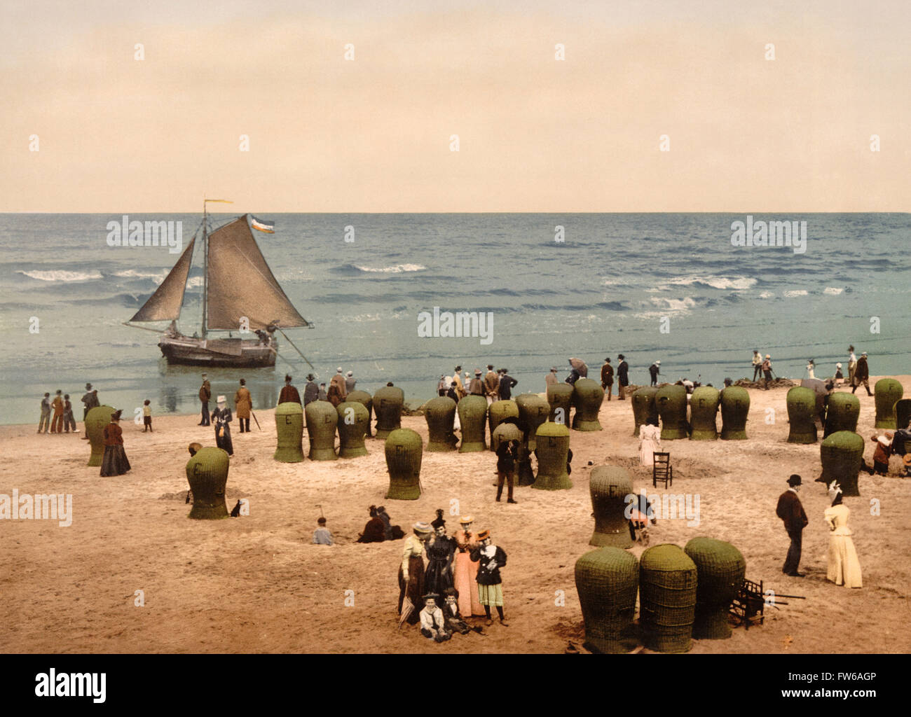 Beach Scene, Scheveningen, Holland, Photochrome Print, circa 1900 Stock ...