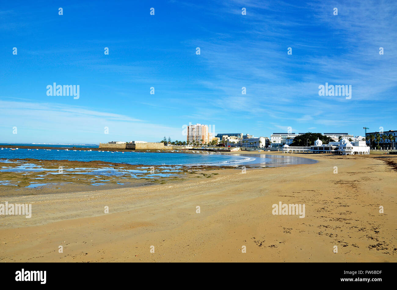 Landscape of the beach of La Caleta on the province of Cadiz on Spain ...