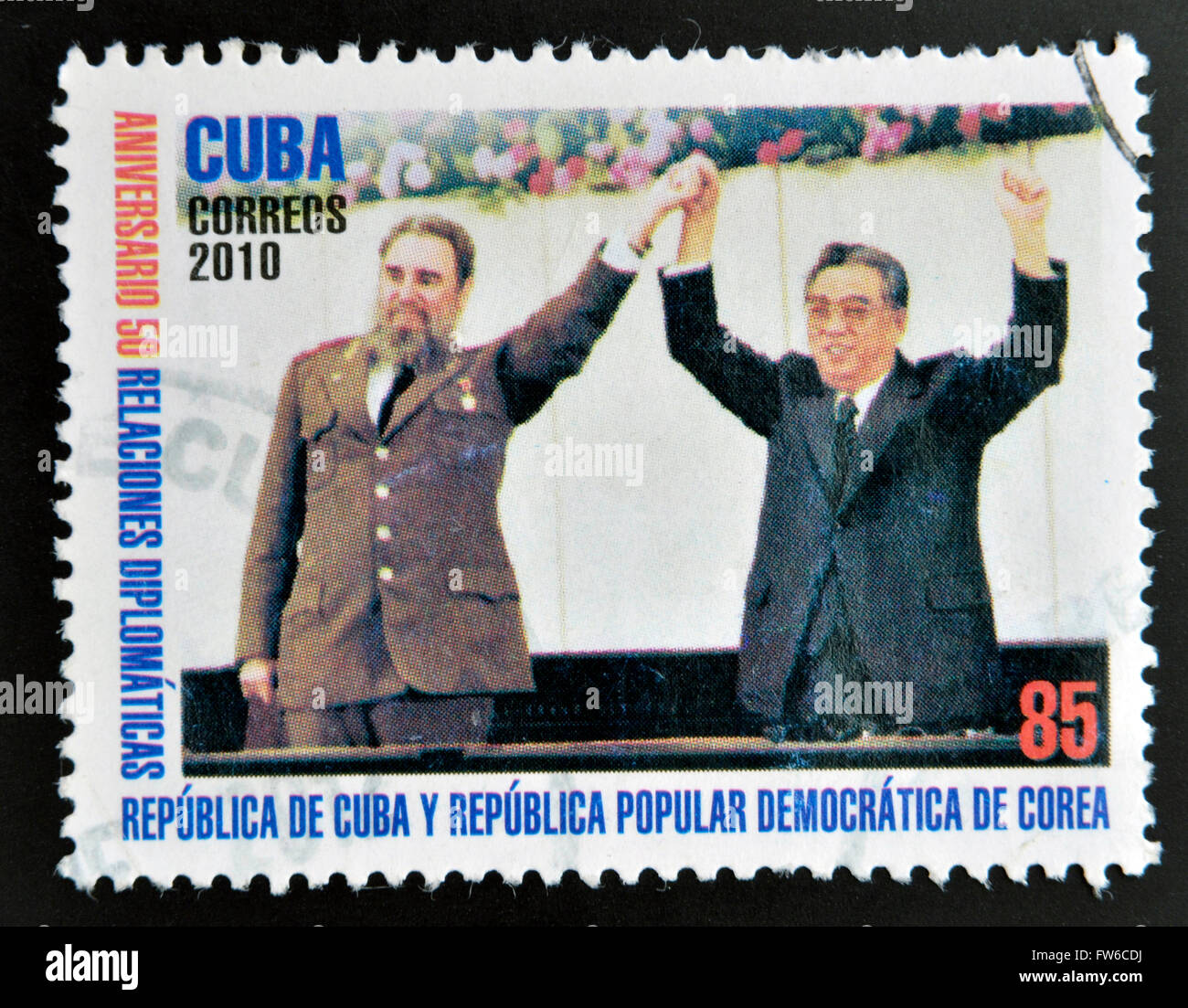 CUBA - CIRCA 2010: A stamp printed in cuba shows Fidel Castro and Kim ...