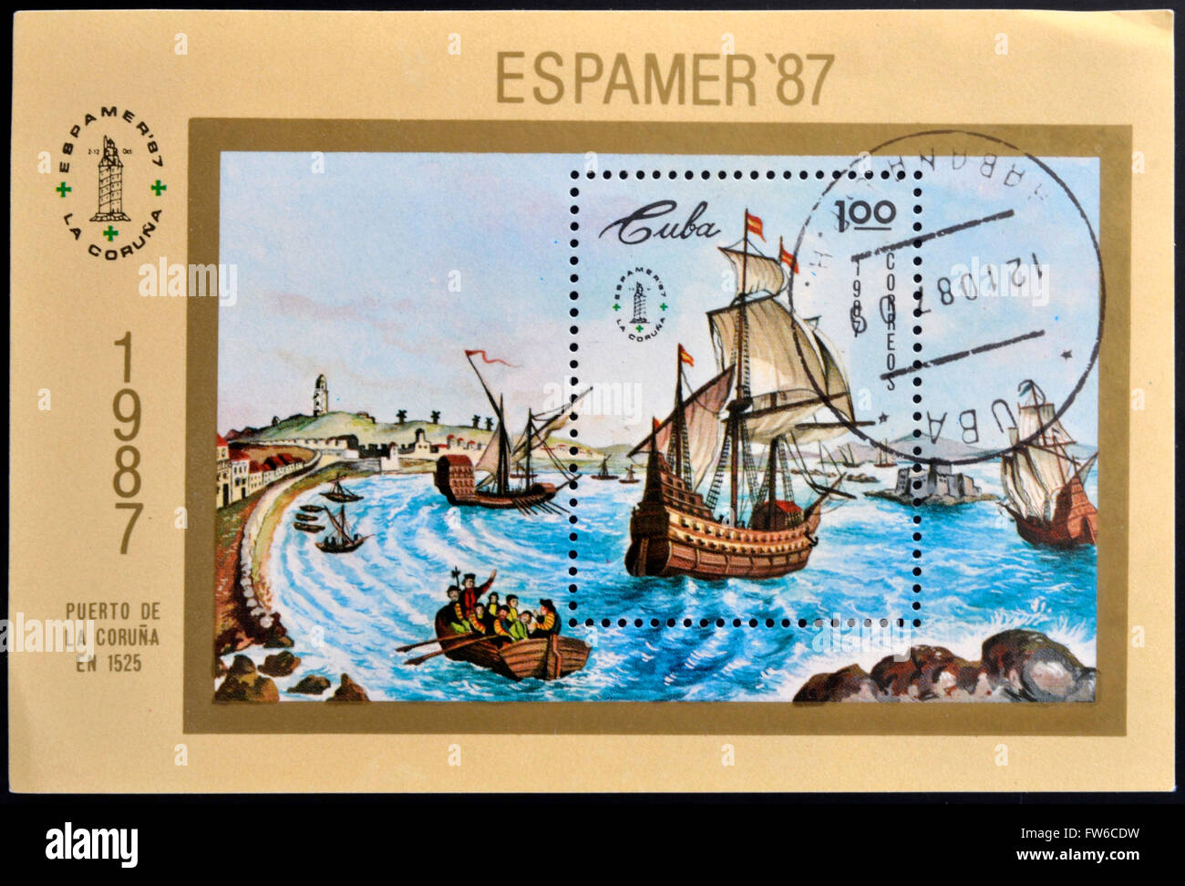 CUBA - CIRCA 1987: A stamp printed in Cuba shows port of La Coruna in ...