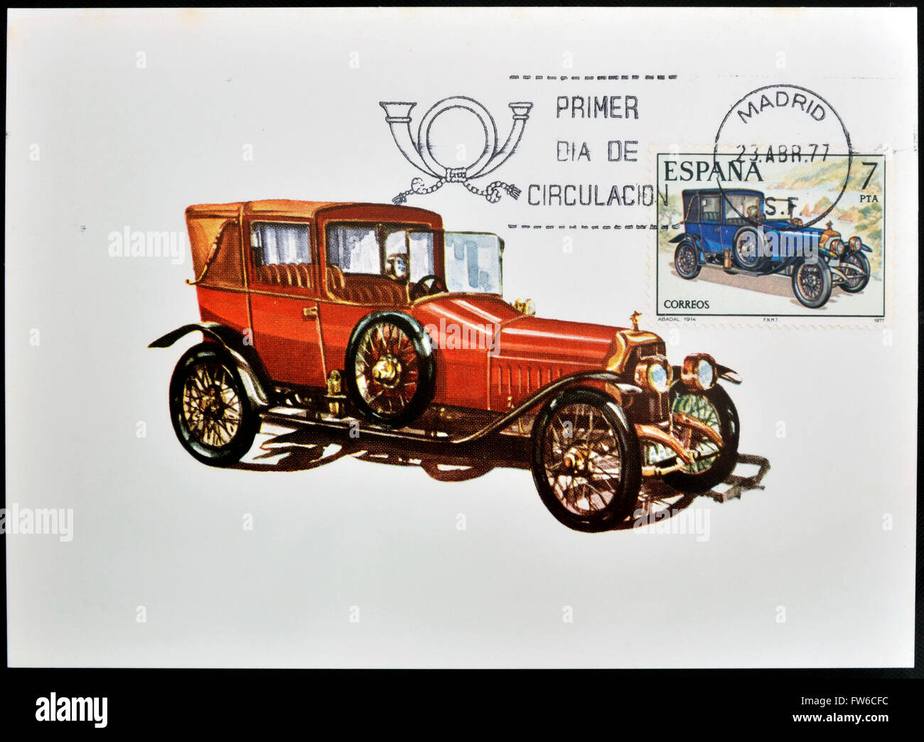 SPAIN - CIRCA 1979: A stamp printed in Spain shows a classic car ...