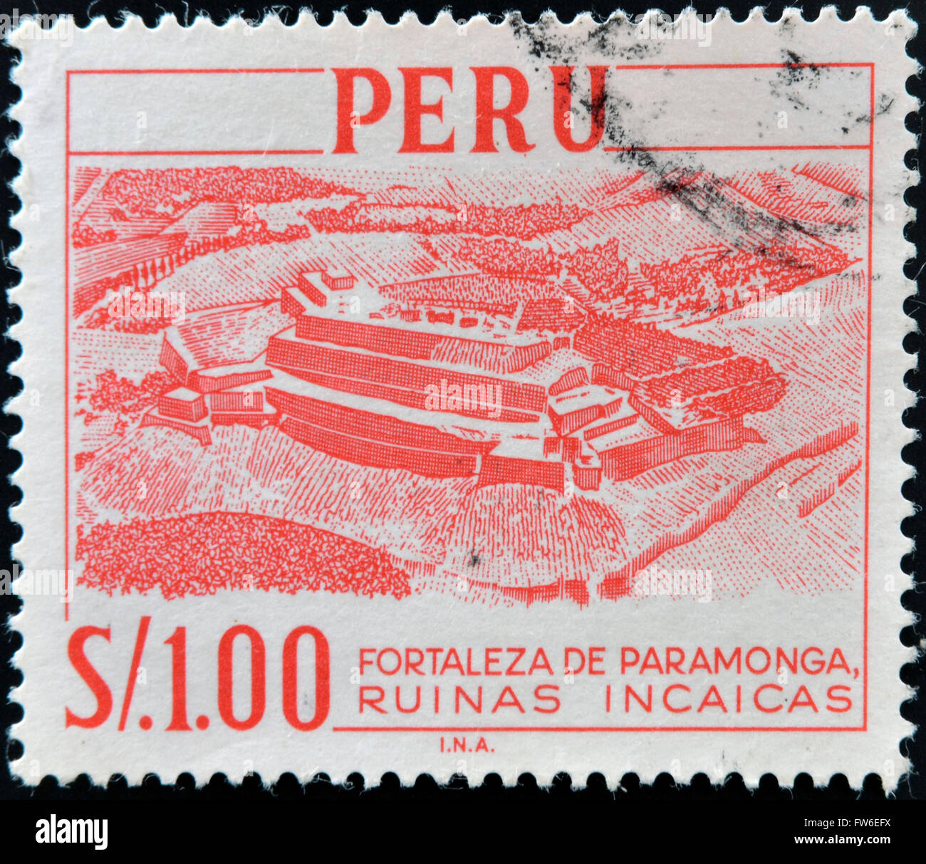 PERU - CIRCA 1966: A samp printed in Peru shows Fortress Paramonga ...