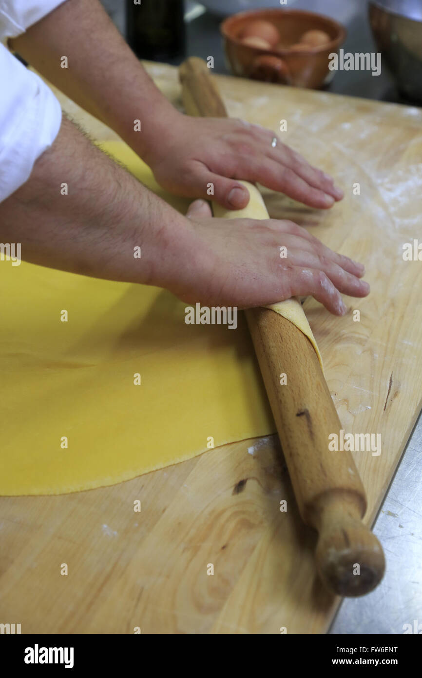 A chef making fresh pasta in kitchen,Gubbio,Umbria,Italy Stock Photo ...