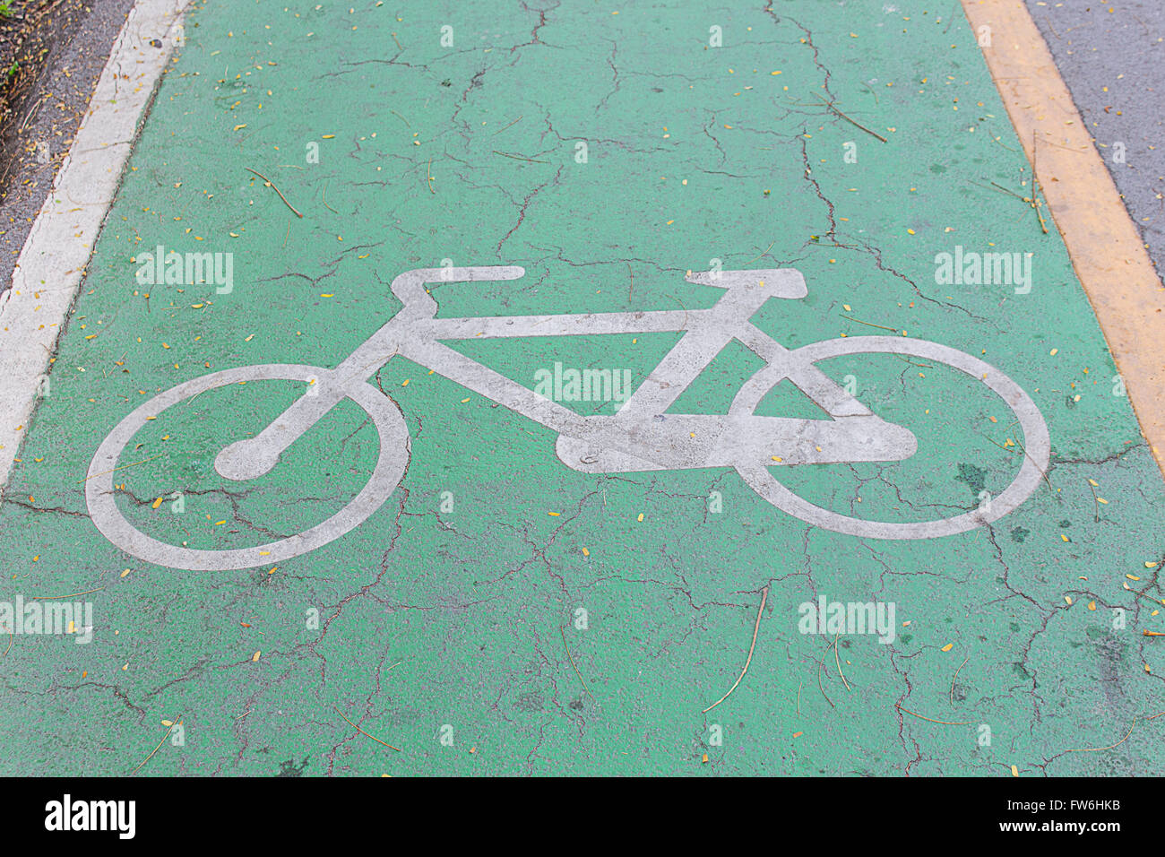 Bike lane signs painted on to a green bike lane ( Bike lane, road for ...