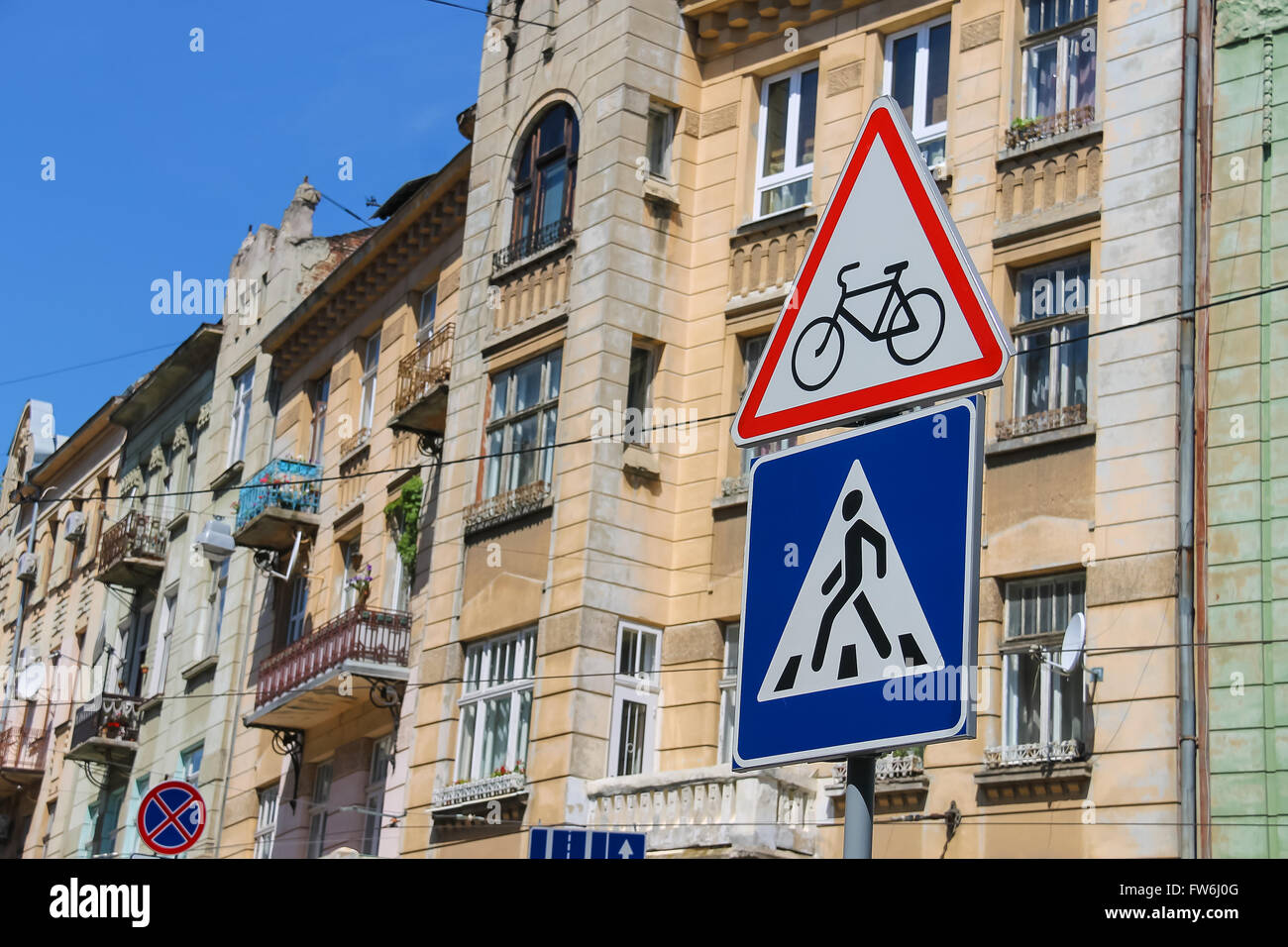 Traffic signs on the city street (Watch for cyclists and Pedestrian ...