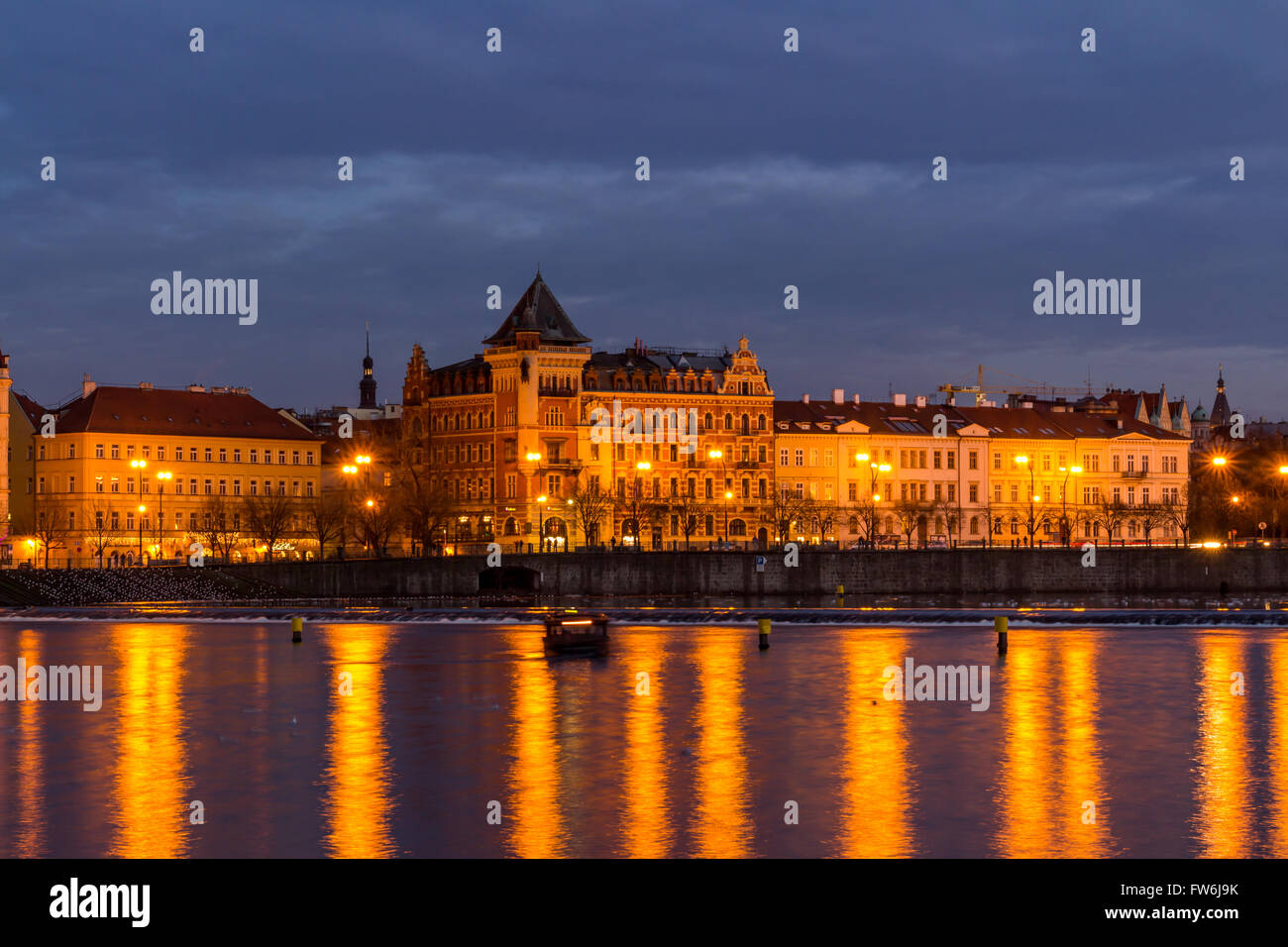 Scenic view of the Old Town architecture over Vltava river in Prague ...
