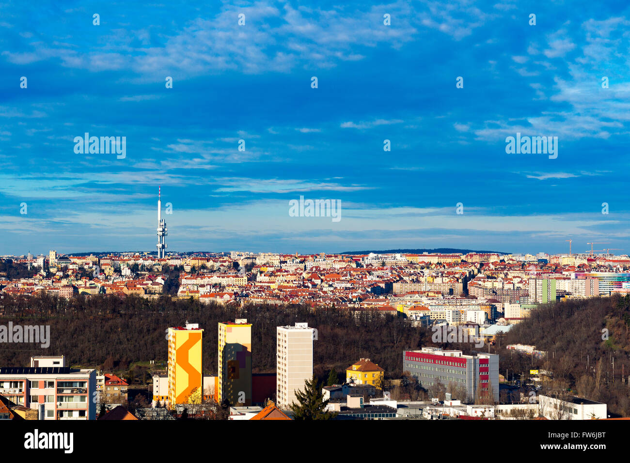 Scenic view of the Old Town architecture over Vltava river in Prague ...