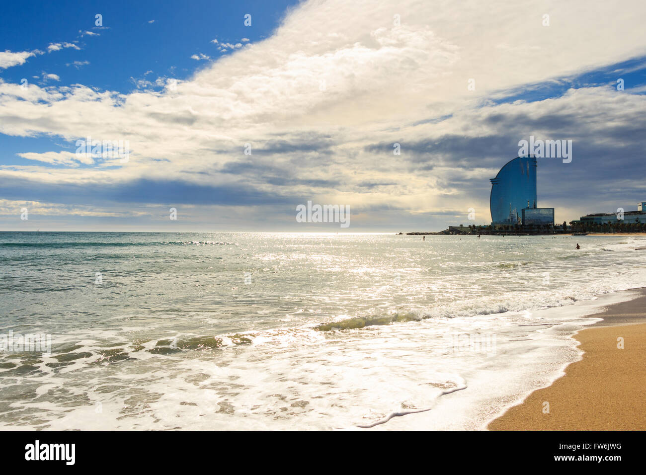 View of Barceloneta Beach in Barcelona, Spain. It is one of the most ...