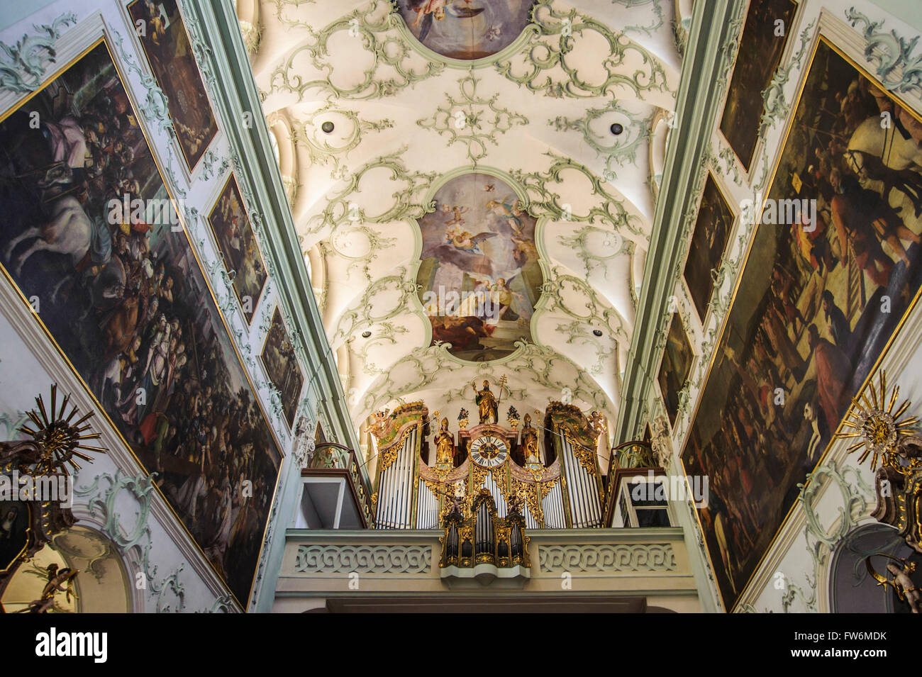 St PeterÕs, organ, aisle, painted Baroque ceiling; St Peter's Abbey ...