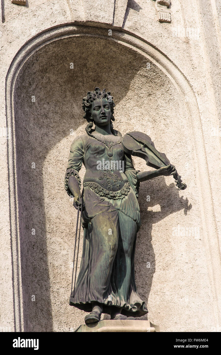 Bronze muse with violin or fiddle, on the exterior of the Mozarteum ...