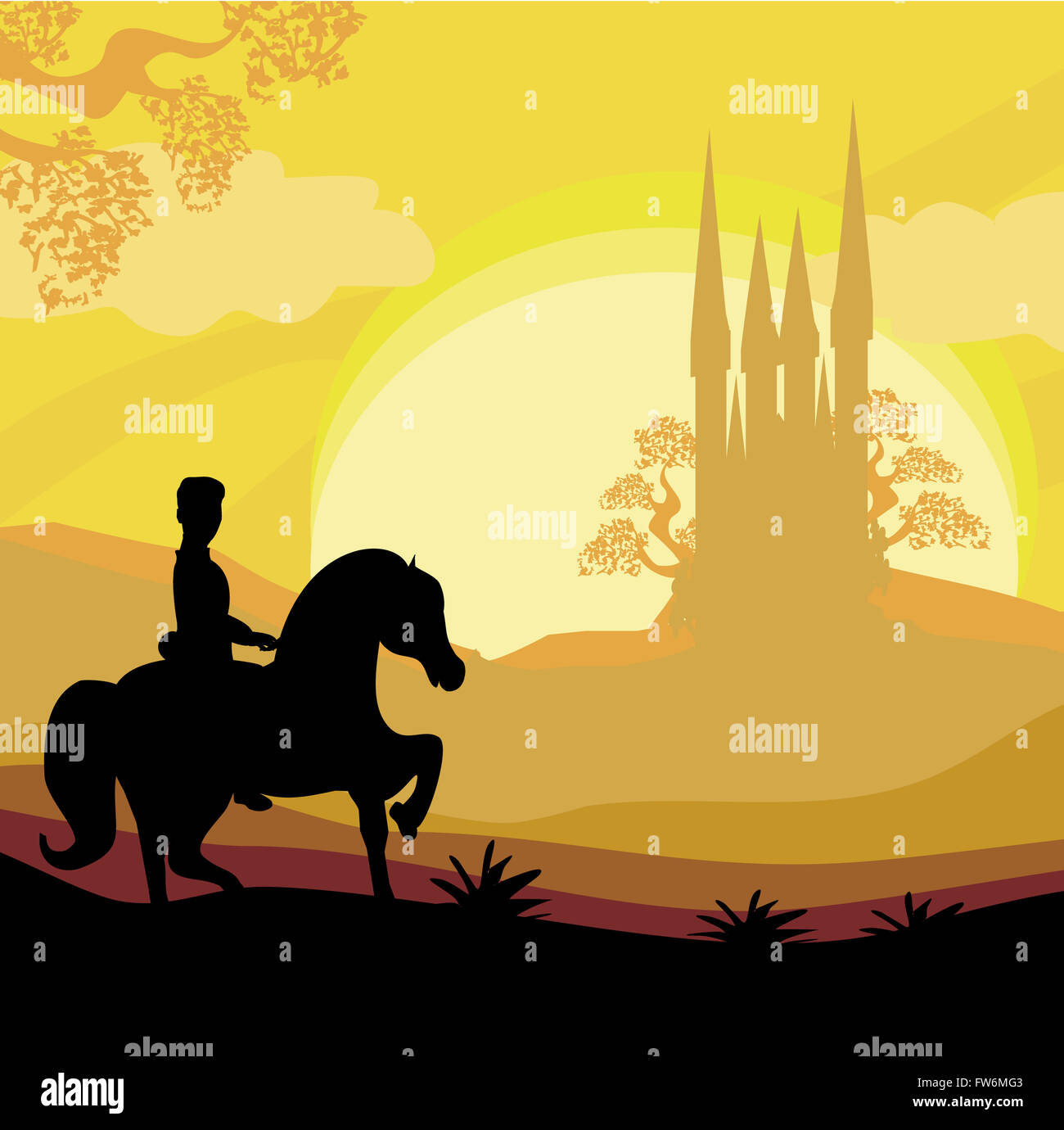 Prince riding a horse to the castle Stock Photo - Alamy