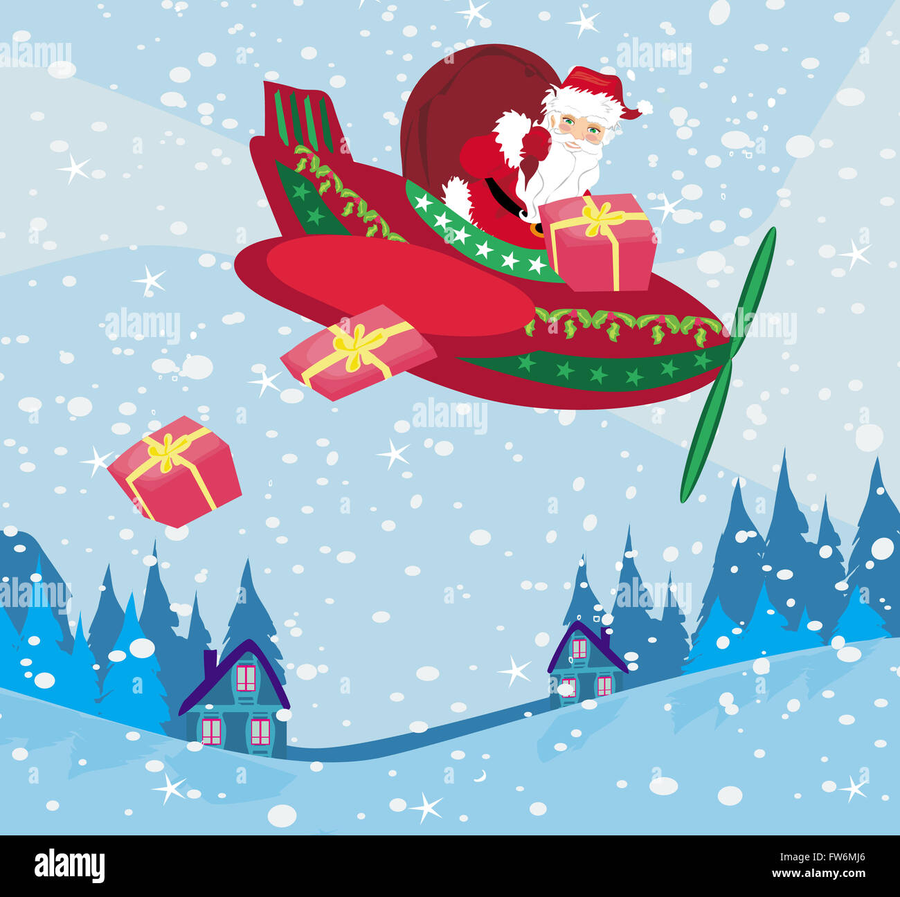 Santa Claus flying over city Stock Photo - Alamy