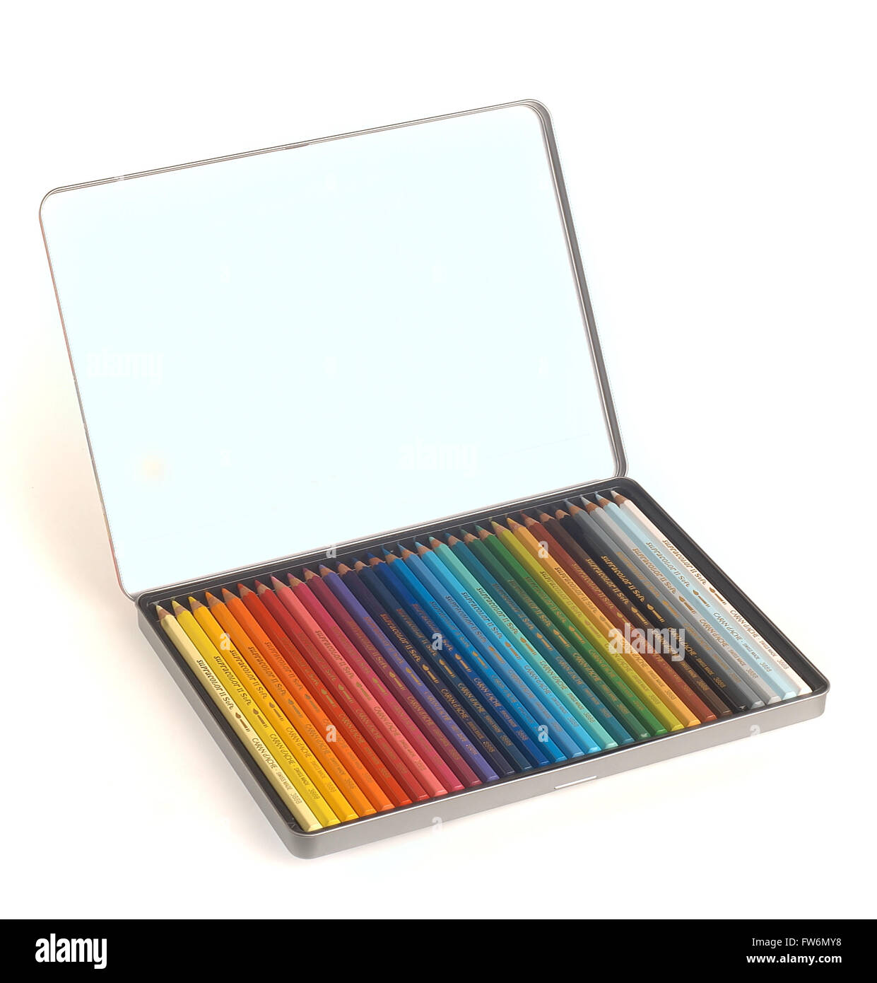 metal box with colour crayons pencils cutout Stock Photo - Alamy