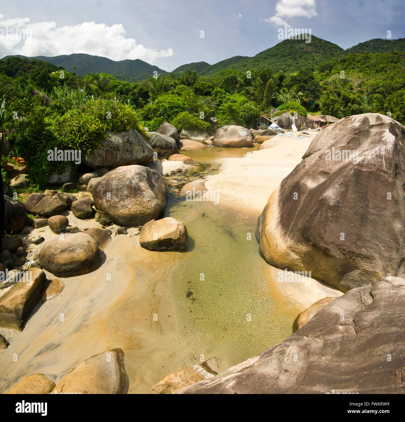 beautiful tropical shore with river and stones, yellow sand and green ...