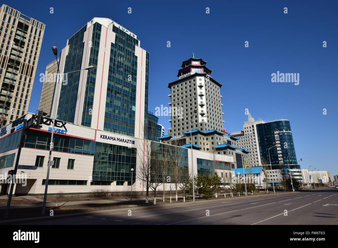 A street view with modern buildings in Astana, capital of Kazakhstan ...