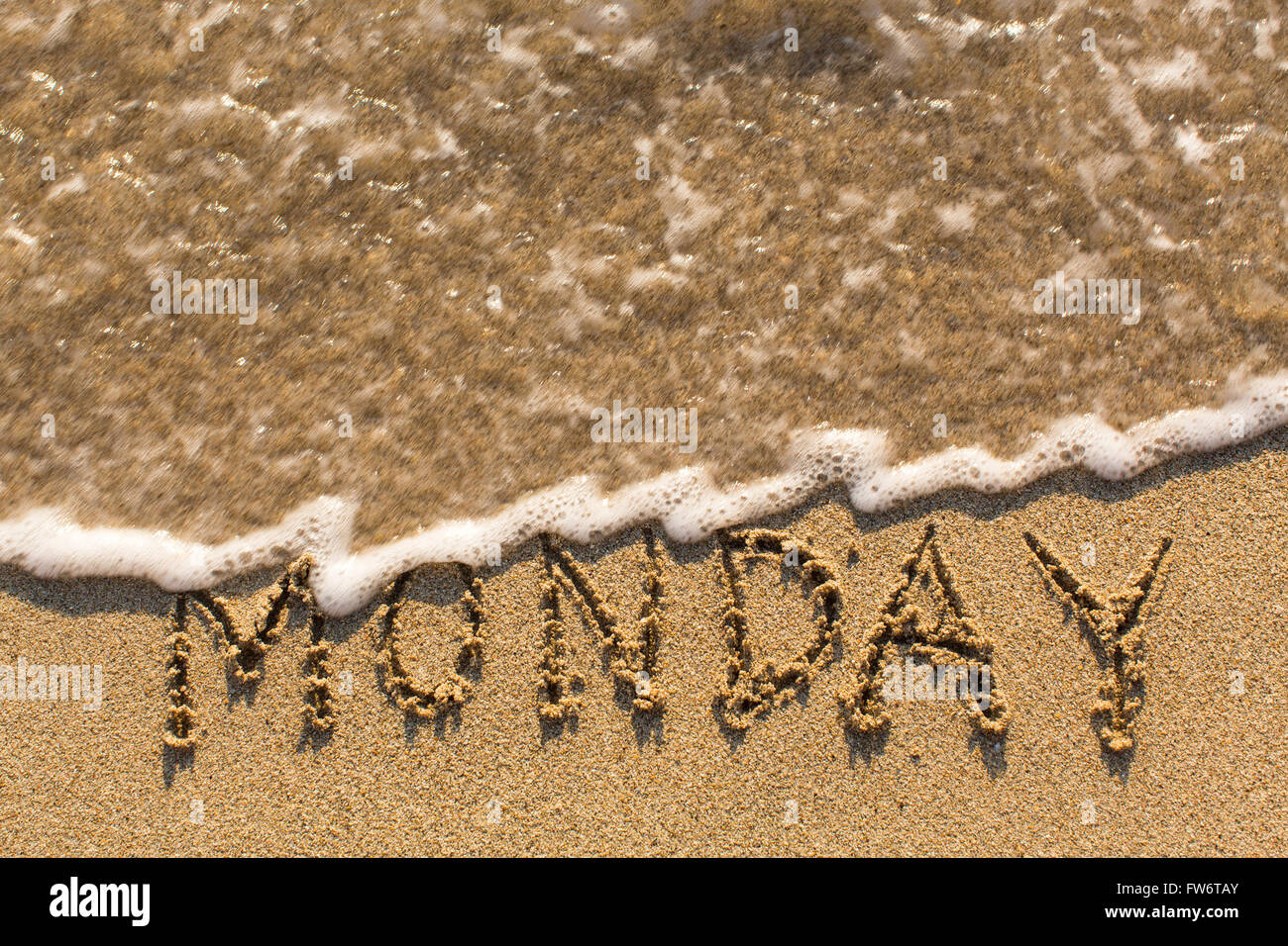 Week series - MONDAY - written on a sandy beach with the soft wave at ...