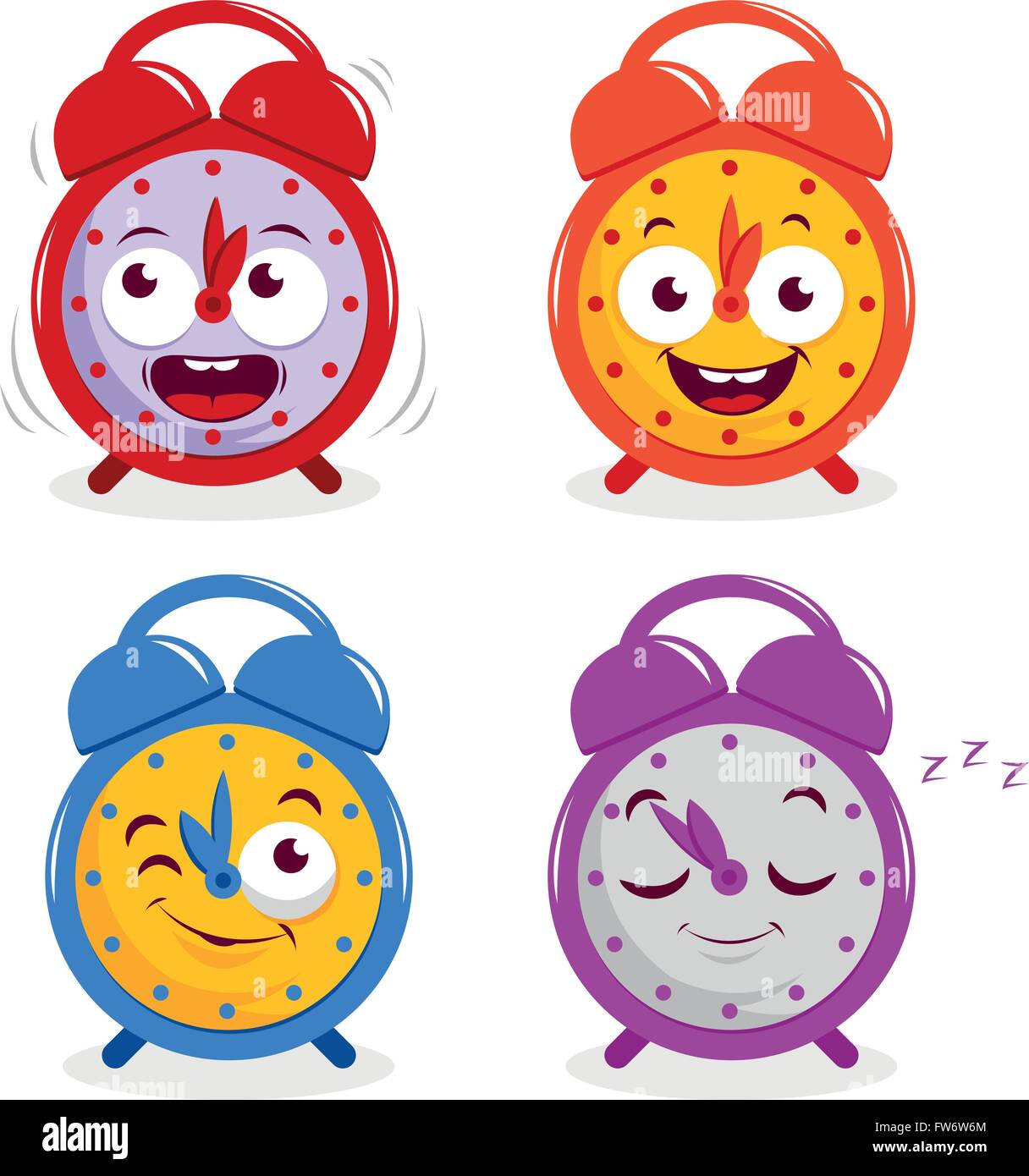 A set of four happy alarm clocks characters. A ringing, a smiling, a ...
