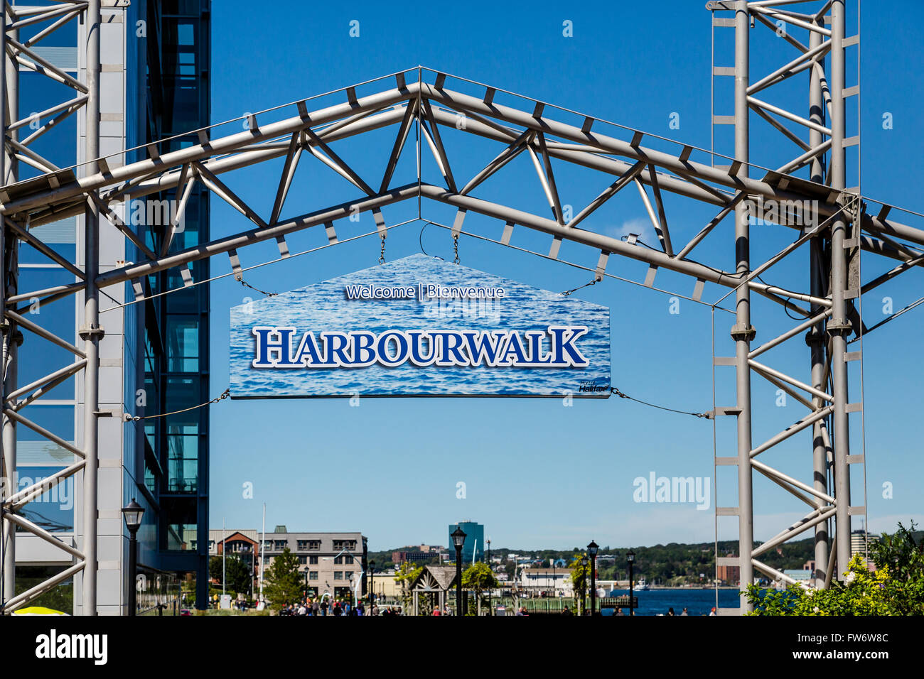 Welcome to Harbourwalk sign along the waterfront in Halifax Stock Photo ...