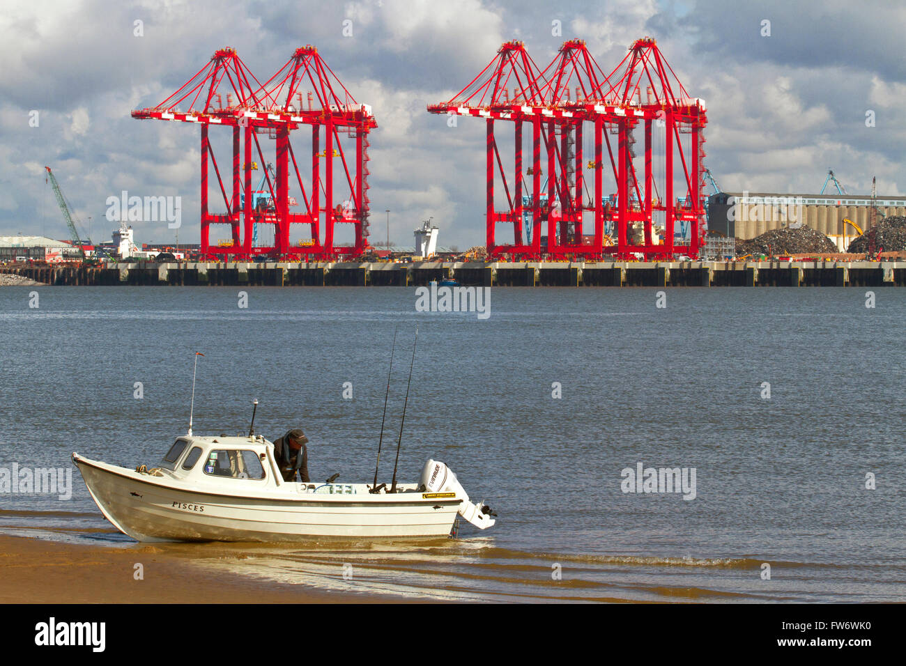 Sea Angler boat fishing at low water on the River Mersey, Wallasey, UK ...