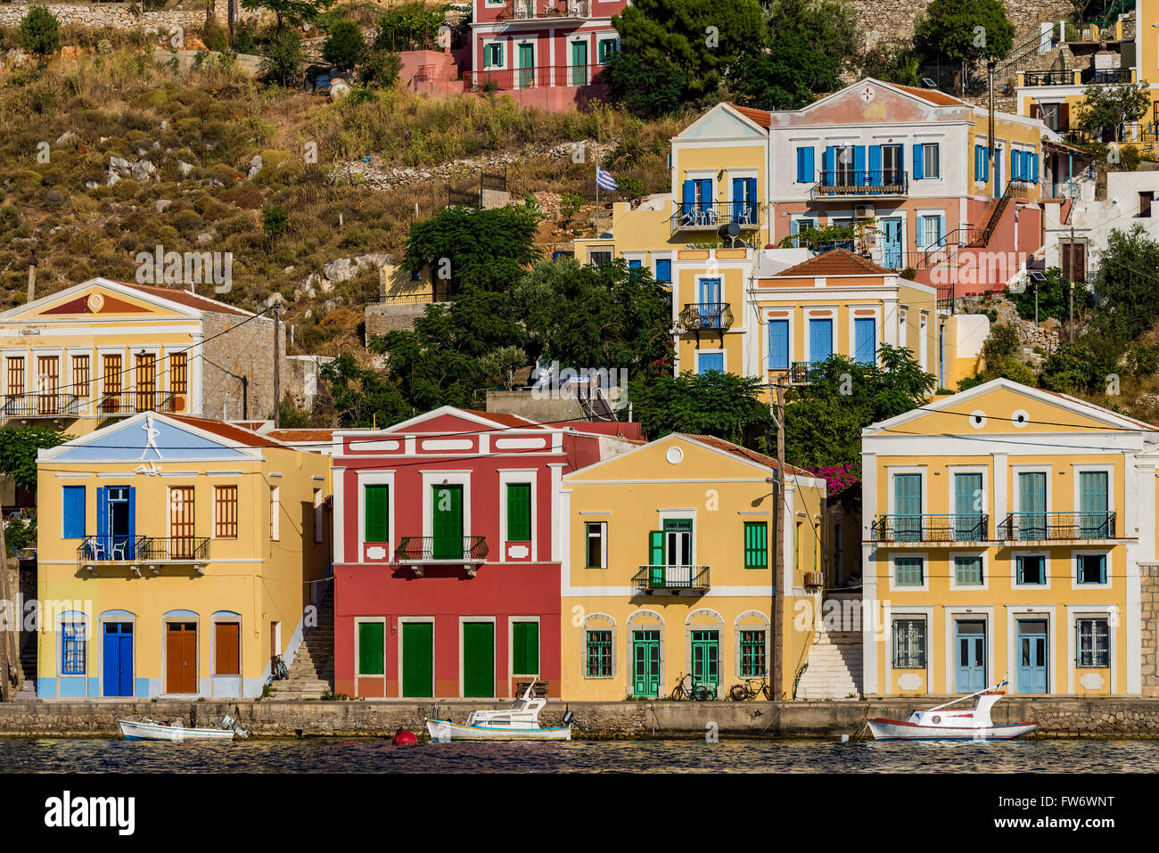 Colorful traditional architectural houses in Greek island of Symi Stock ...