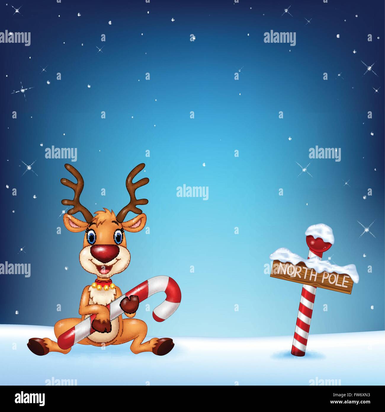 Cartoon deer holding Christmas candy with winter background Stock ...