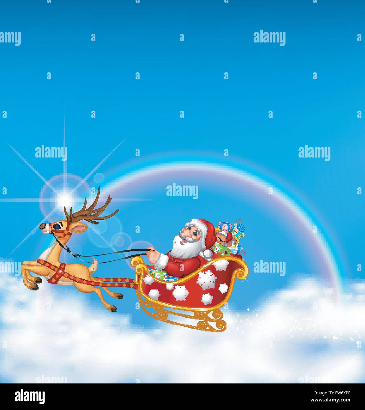Happy Santa in his Christmas sled being pulled by reindeer on cloudy ...