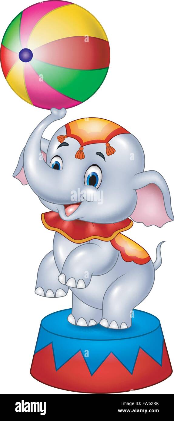 Circus elephant with a striped ball stands on a podium isolated on ...