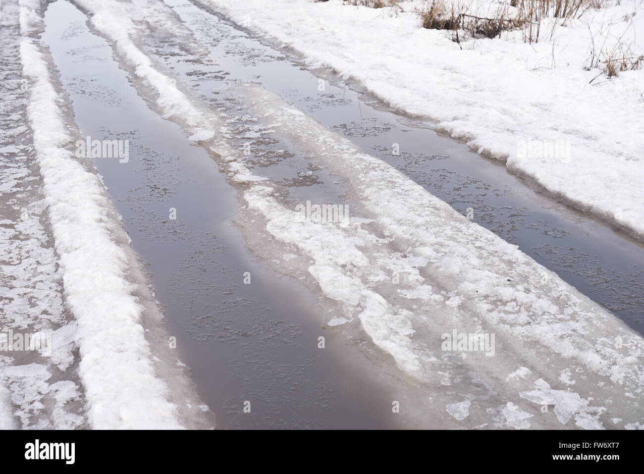 spring road with snow and water Stock Photo - Alamy