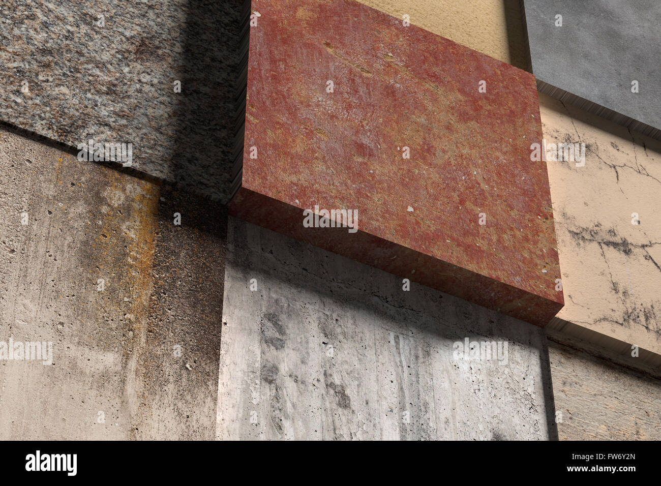3d rendering of side view on wall made of different square elements ...