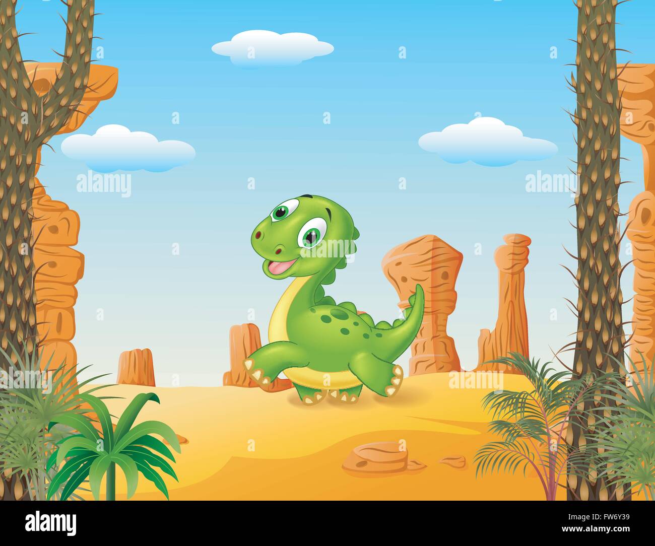 Cute baby dinosaur running in the desert background Stock Vector Image ...