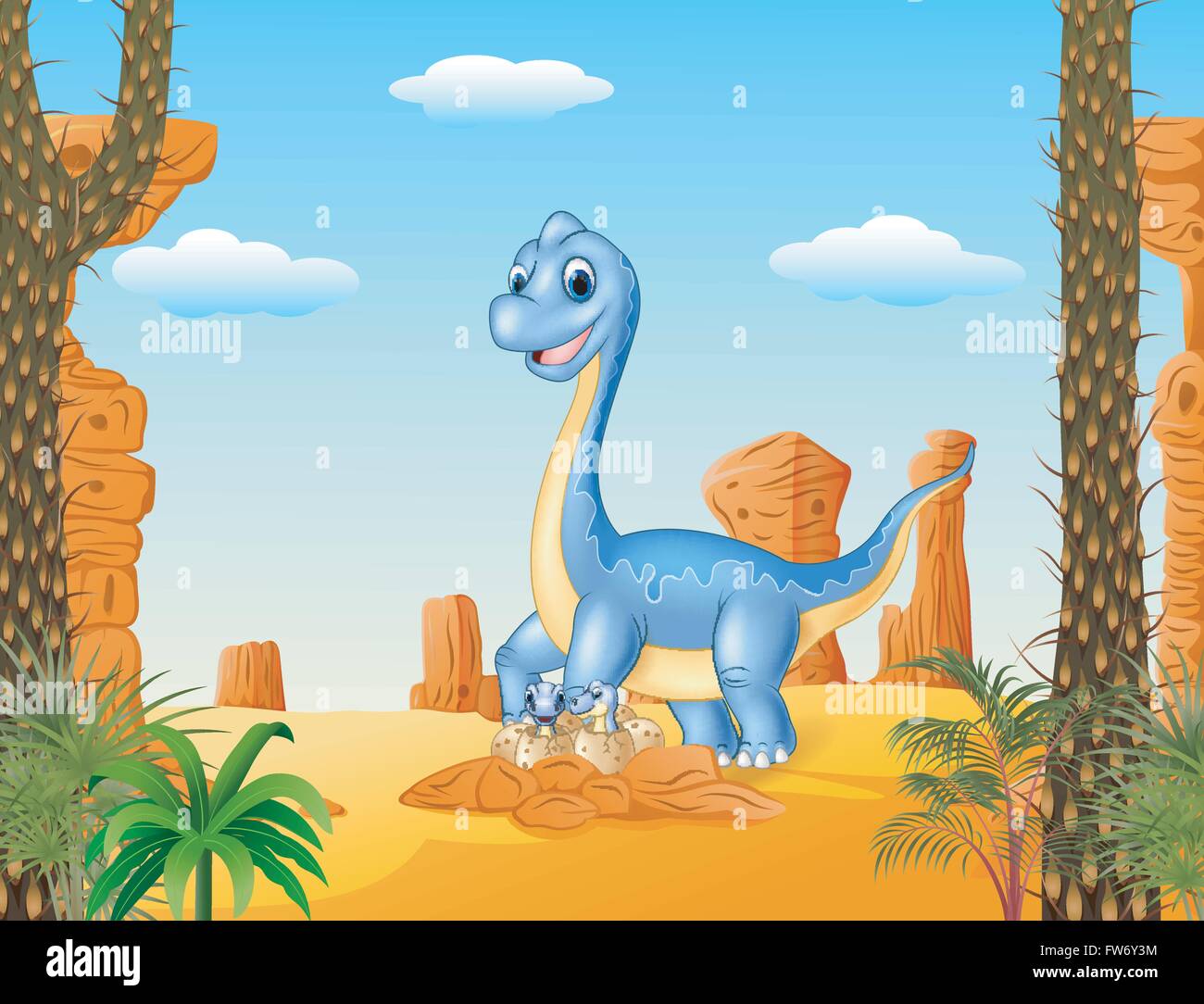 Cartoon mom and baby dinosaur hatching with the desert background Stock ...