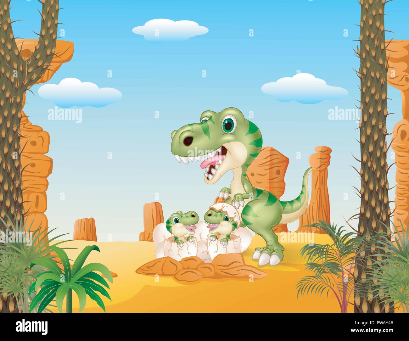 Cartoon mom tyrannosaurus dinosaur and baby dinosaurs hatching Stock ...