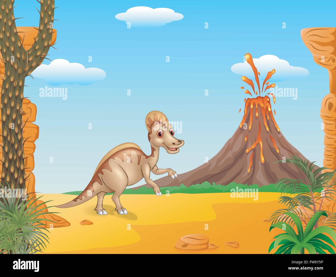 Cartoon Duck billed hadrosaur character in prehistoric background Stock ...