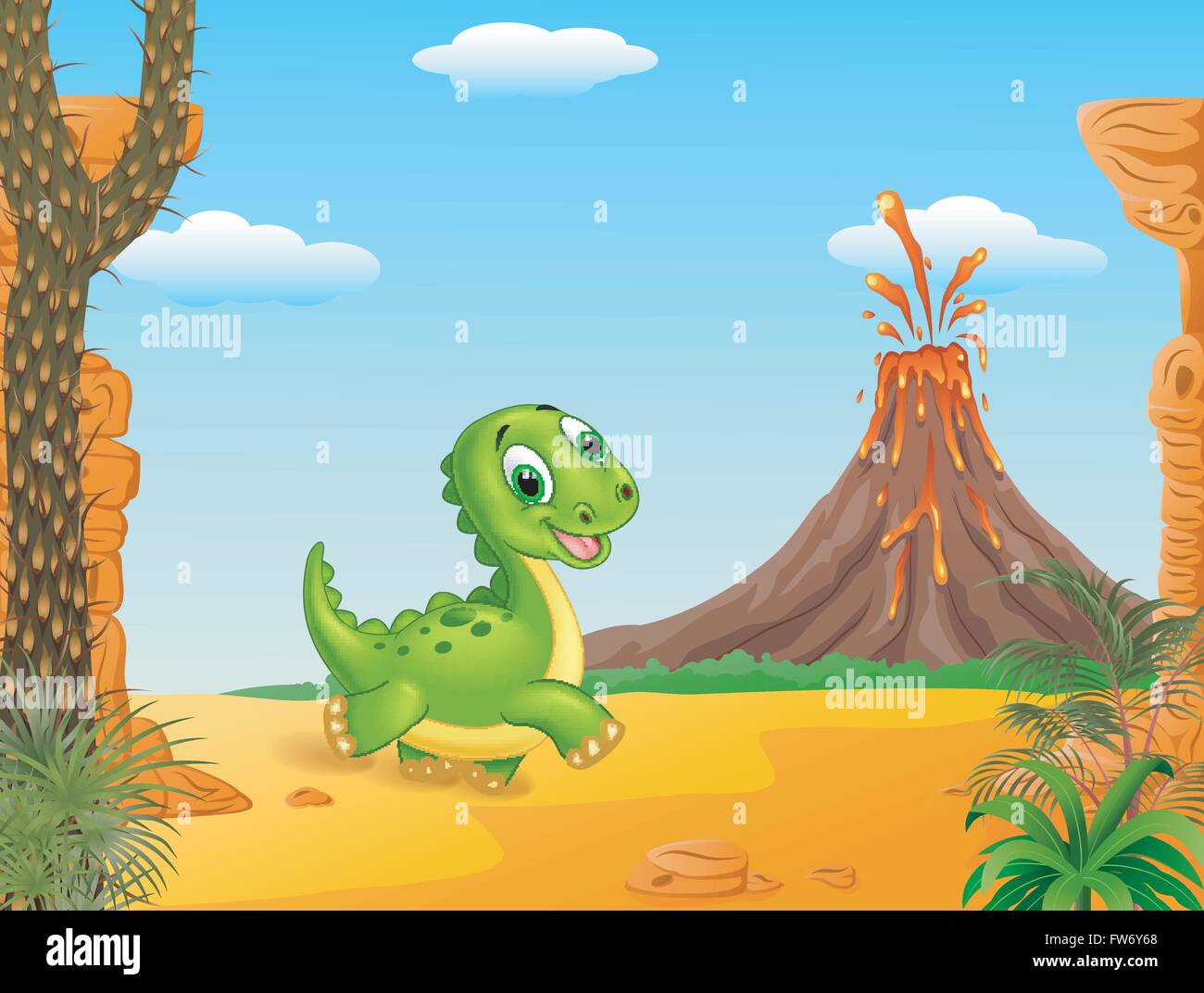 Cute baby dinosaur running in the prehistoric background Stock Vector ...