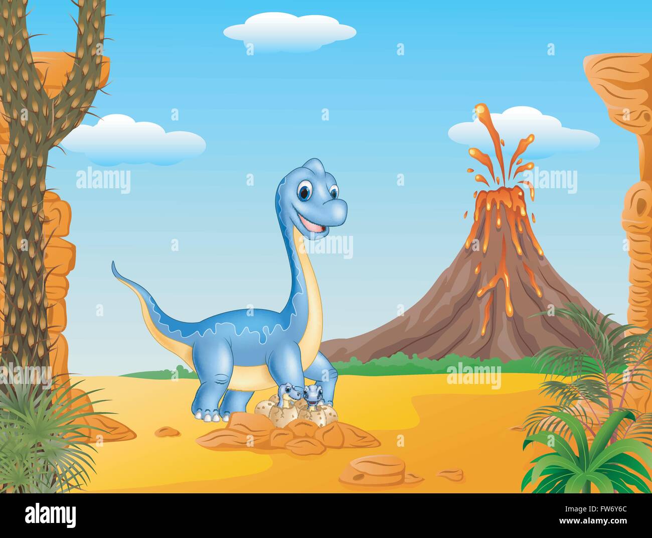 Cartoon mom and baby dinosaur hatching with the prehistoric background ...