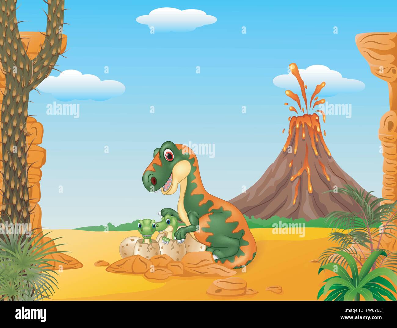 Mother tyrannosaurus and baby dinosaurs hatching in the prehistoric ...