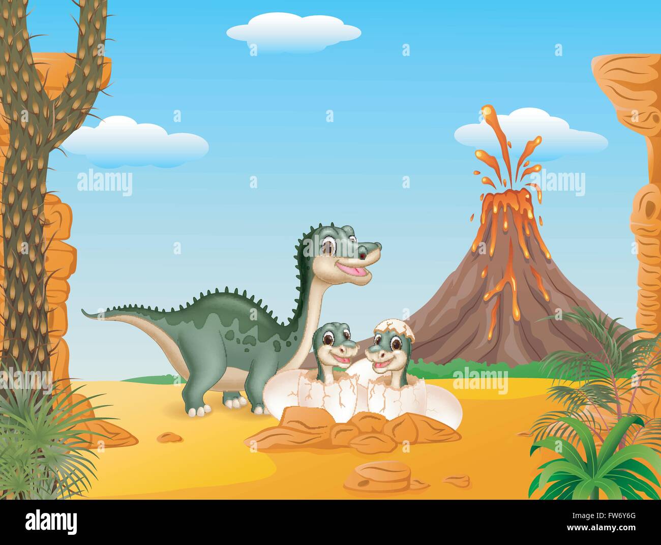 Cartoon smile mom tyrannosaurus dinosaur and baby dinosaurs hatching ...