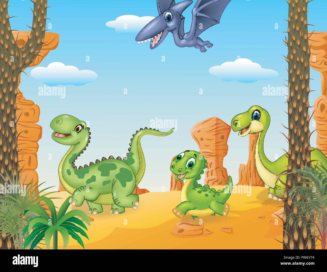 Collection dinosaur character in the prehistoric background Stock ...